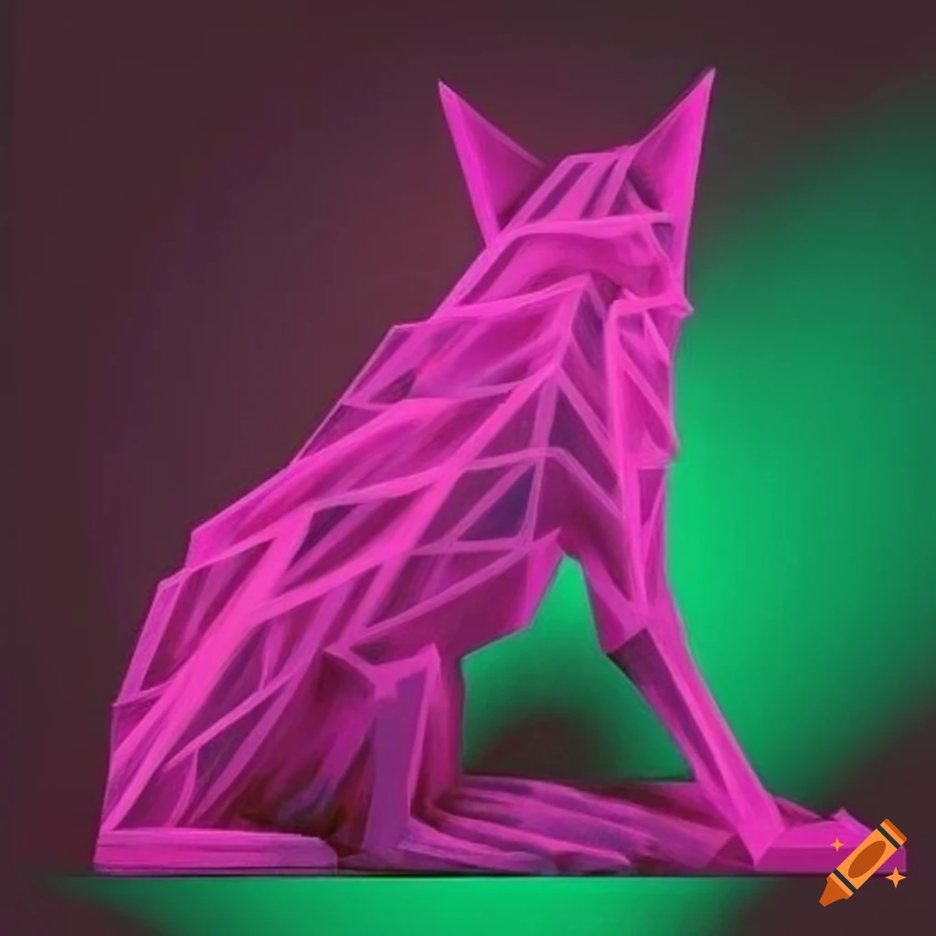 Neon magenta wolf surrounded by green neon triangle on black background ...
