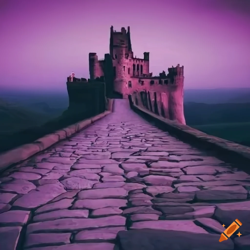 Stone pathway leading to a distant castle with purple grey tones on Craiyon