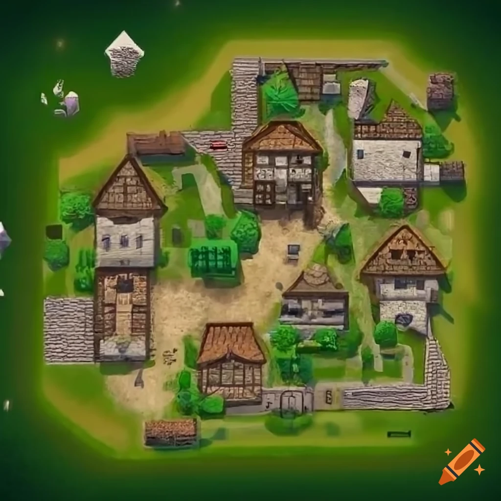 Simple map of a traditional medieval village with labeled key features ...