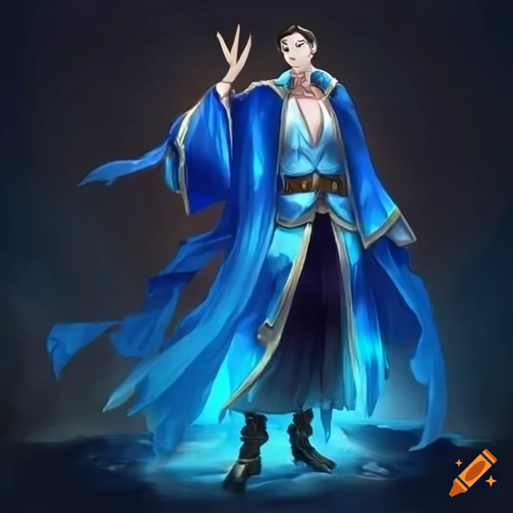 Wizard in a blue robe with blue eyes and a summoning pose on Craiyon