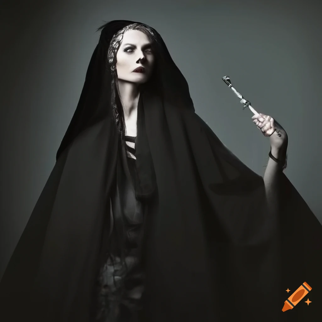 Mysterious witch with black eyes and grey hair in a black cape with a ...