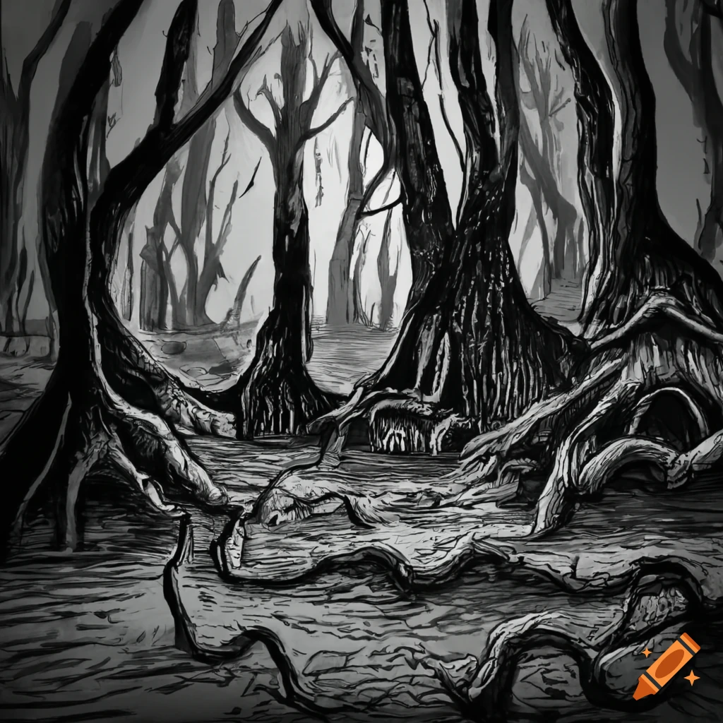 Creepy deciduous forest at night with oozing trees in the style of ad&d ...