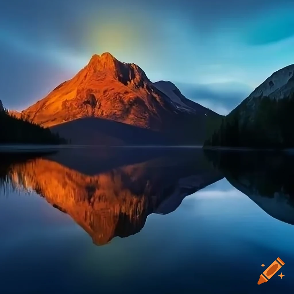 Breathtaking mountain lake at sunset with sun rays reflecting on the ...