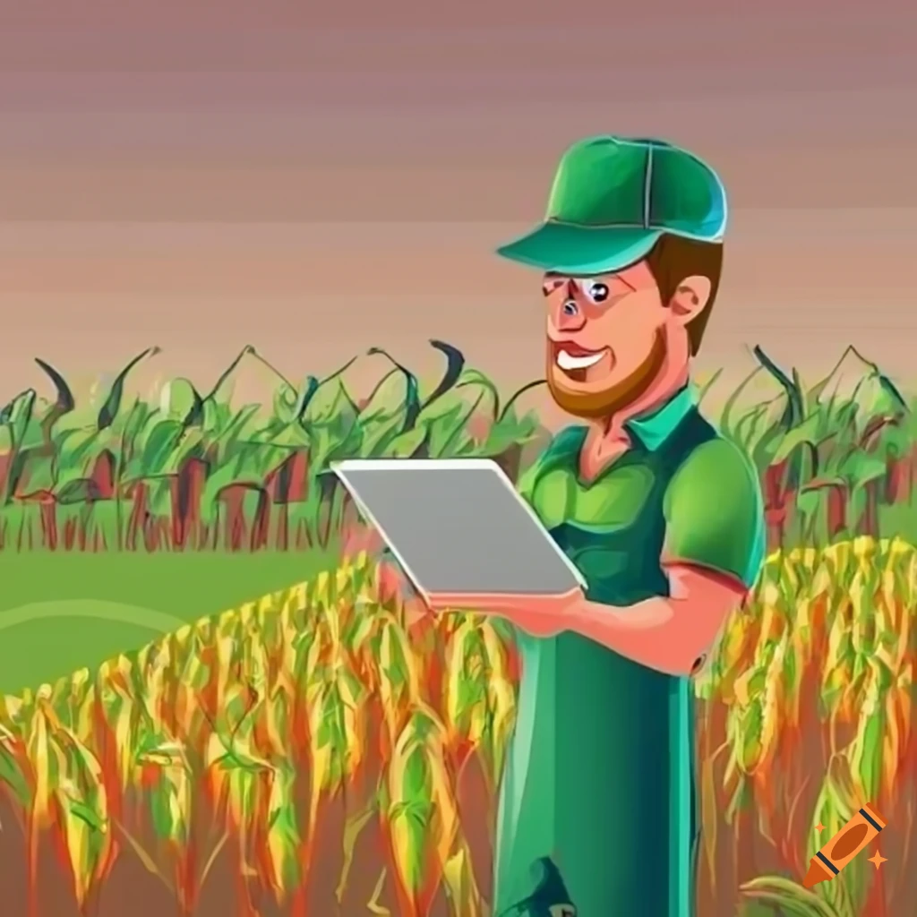 Cartoon agronomist with baseball cap holding a tablet in a corn field ...