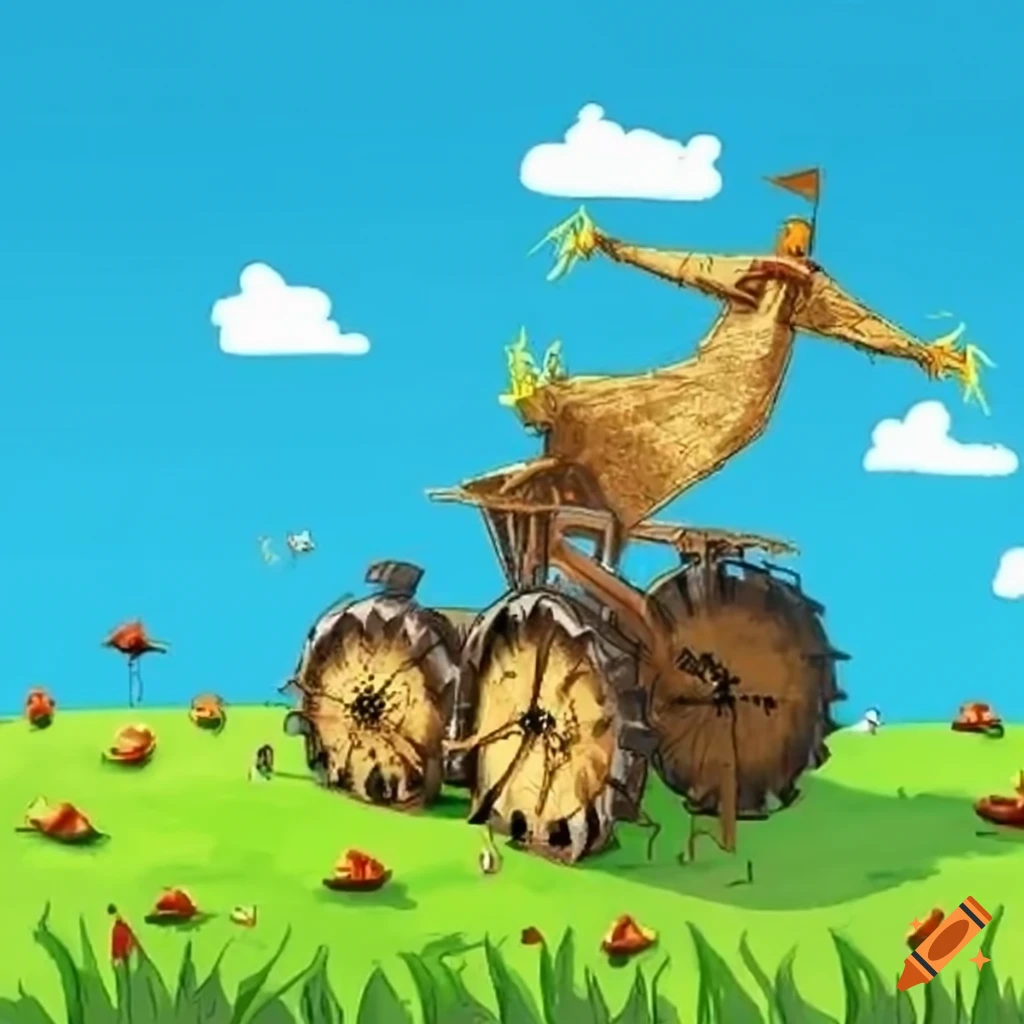 Scarecrow driving a tractor leaving a trail of clouds in a children's ...