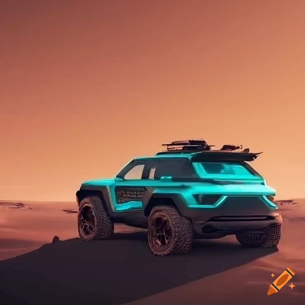 Electric suv off-roading in a golden desert on Craiyon