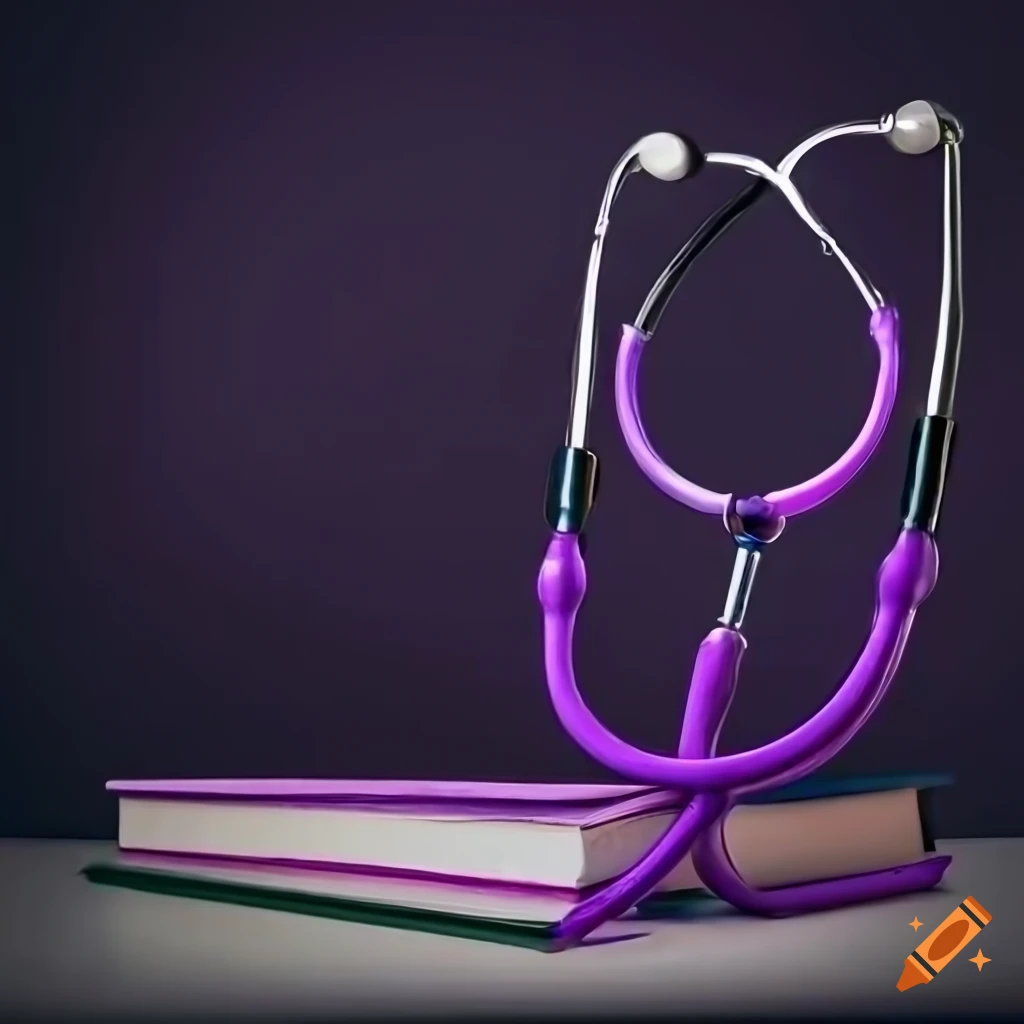 Purple stethoscope on a reading table with medical books and writing ...