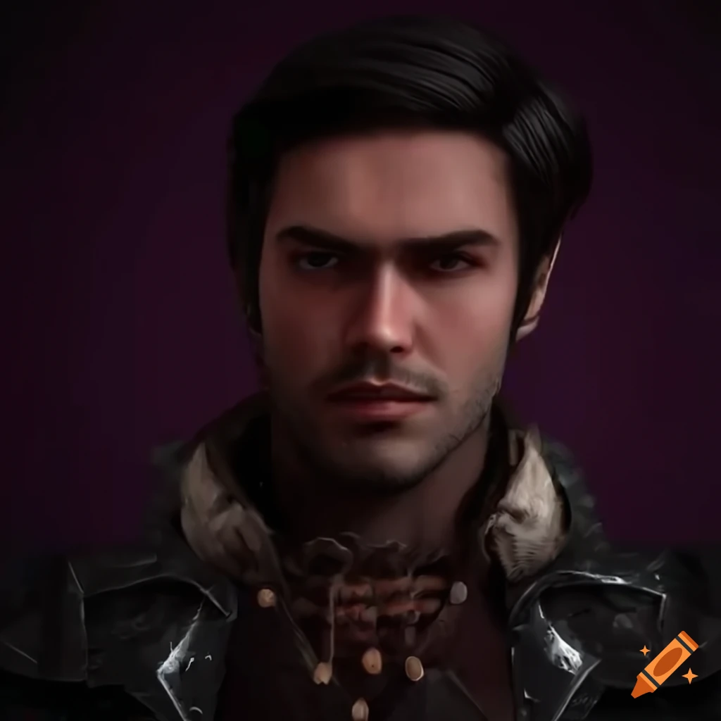 Handsome fantasy knight in burgundy leather armor inside a medieval ...