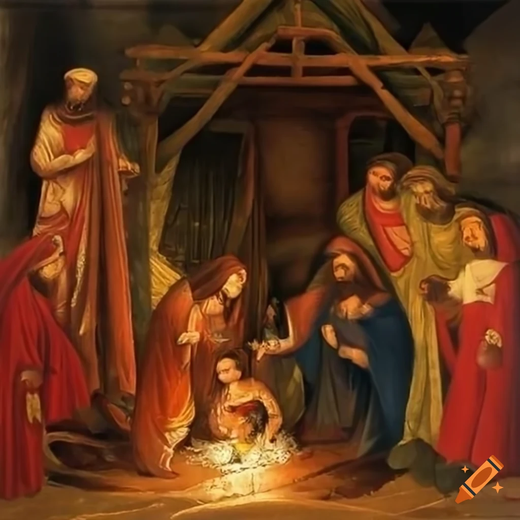 Nativity scene depicting the birth of jesus with five kings on Craiyon