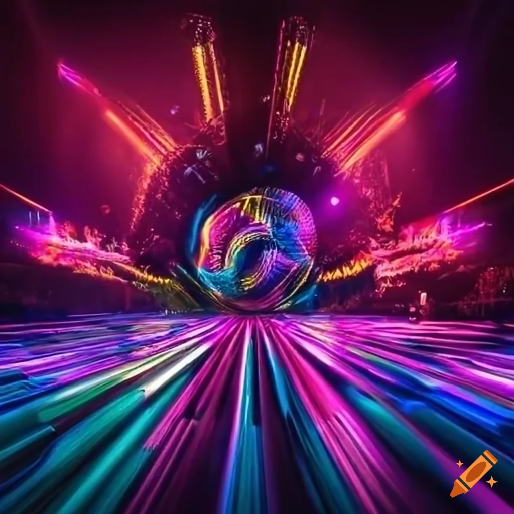 Upbeat trance music festival with moving lights and vibrant colors at ...