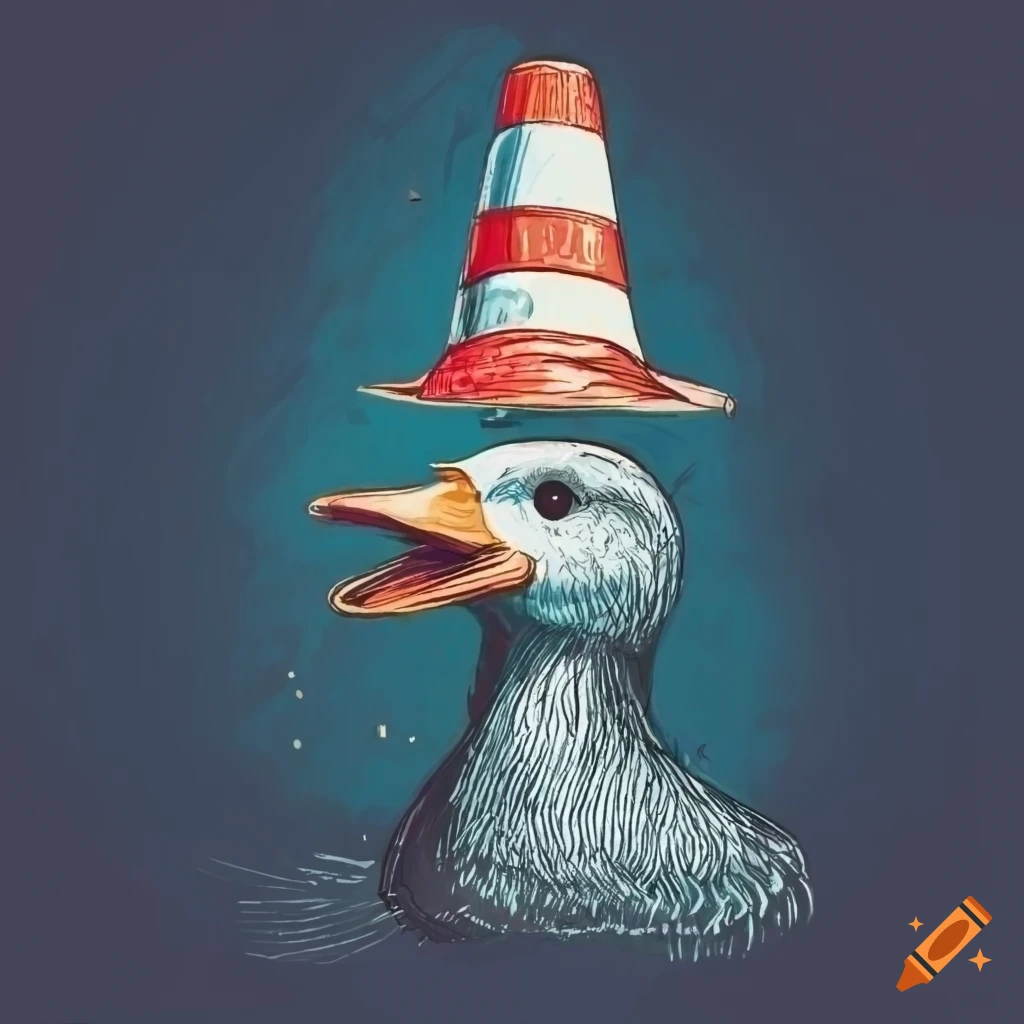 White duck with a traffic cone on its head in a city at night on Craiyon