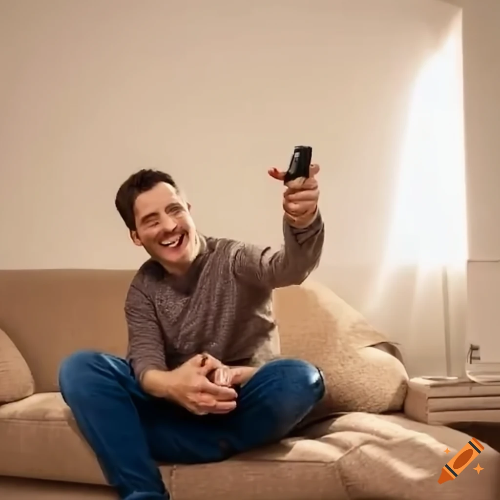 Happy man using a remote control in a living room on Craiyon
