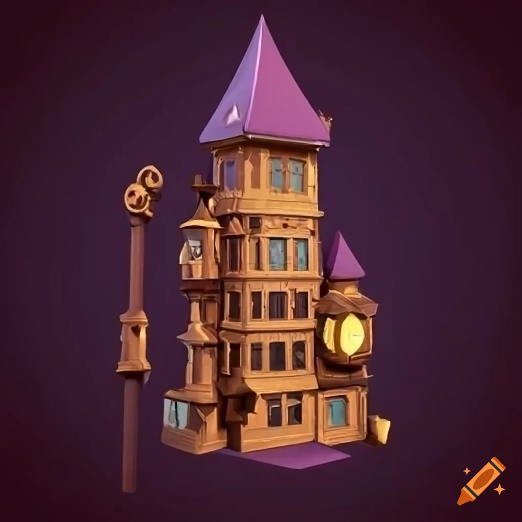 Stylized 3d wizard with steampunk building on Craiyon