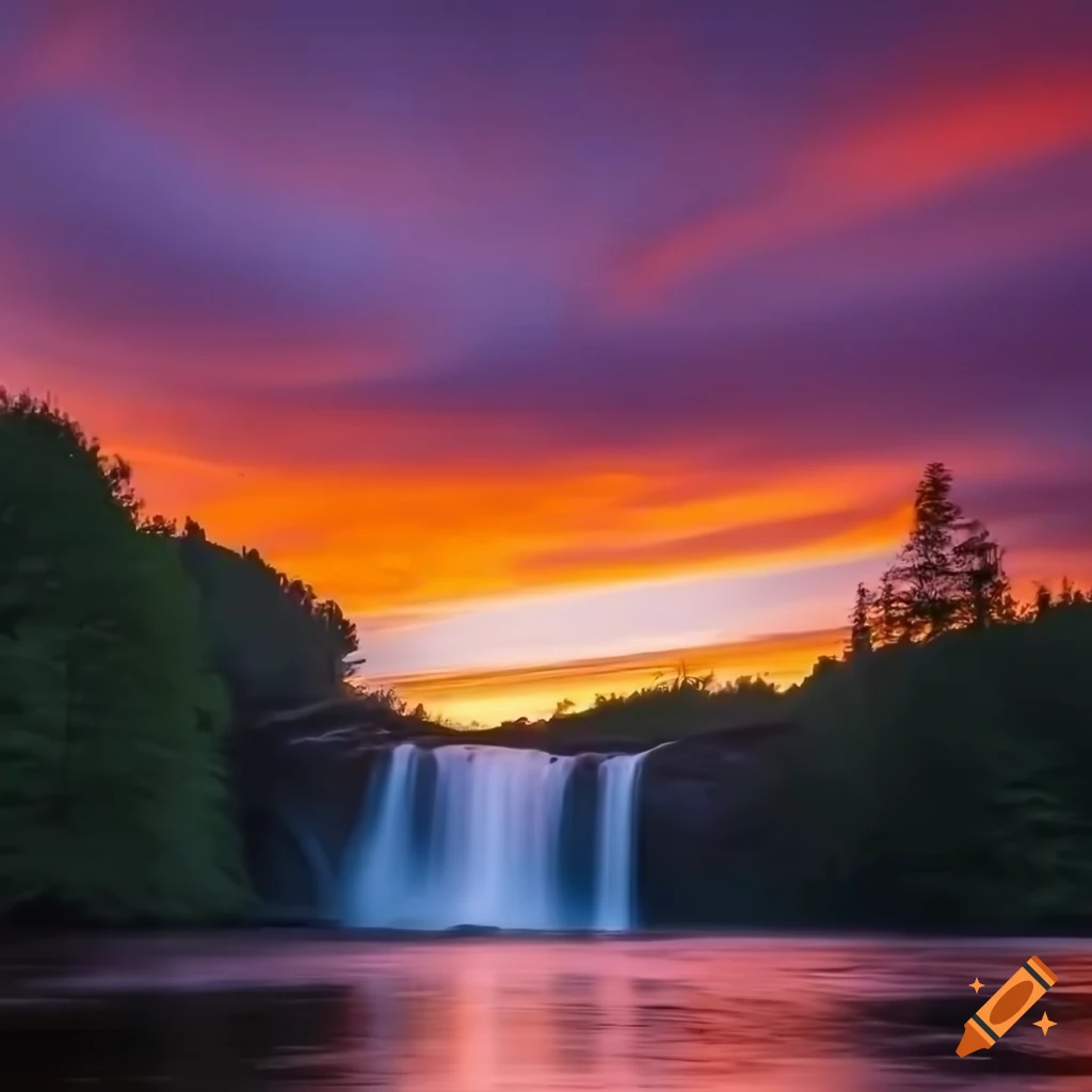 Vivid sunset waterfall in high definition 8k resolution on Craiyon