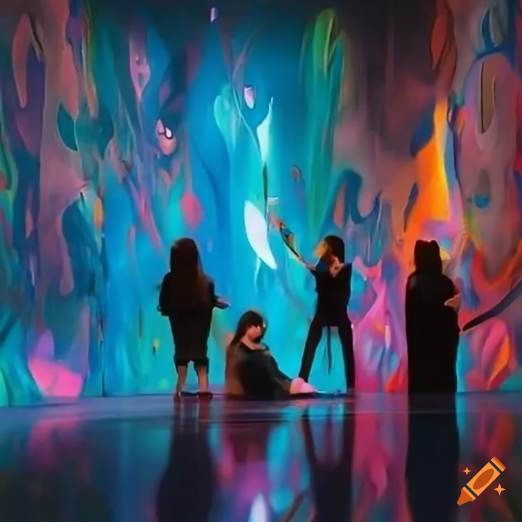 Students exploring an interactive art museum exhibit with a friendly ...