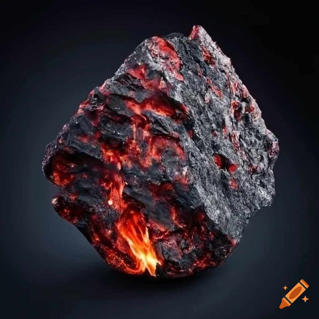 Rough black rock with red crystals and small flames on Craiyon
