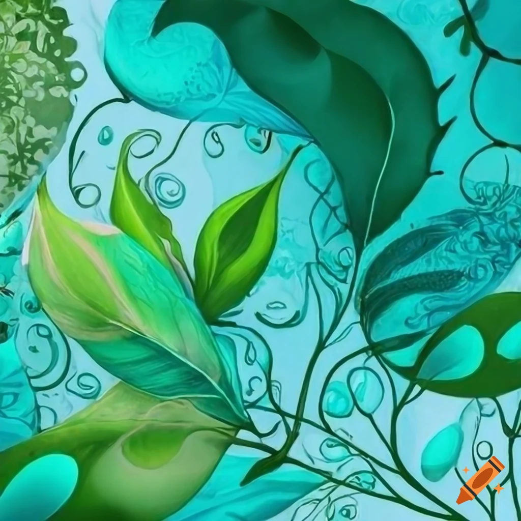 Green and turquoise leaves on white background, abstract art by klimt ...