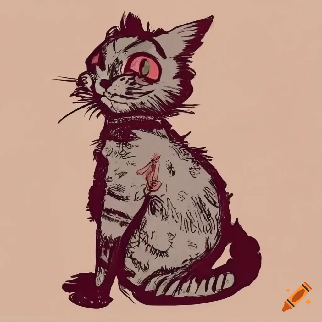 Grunge punk furry cat with red eyes in vintage art sketch on Craiyon