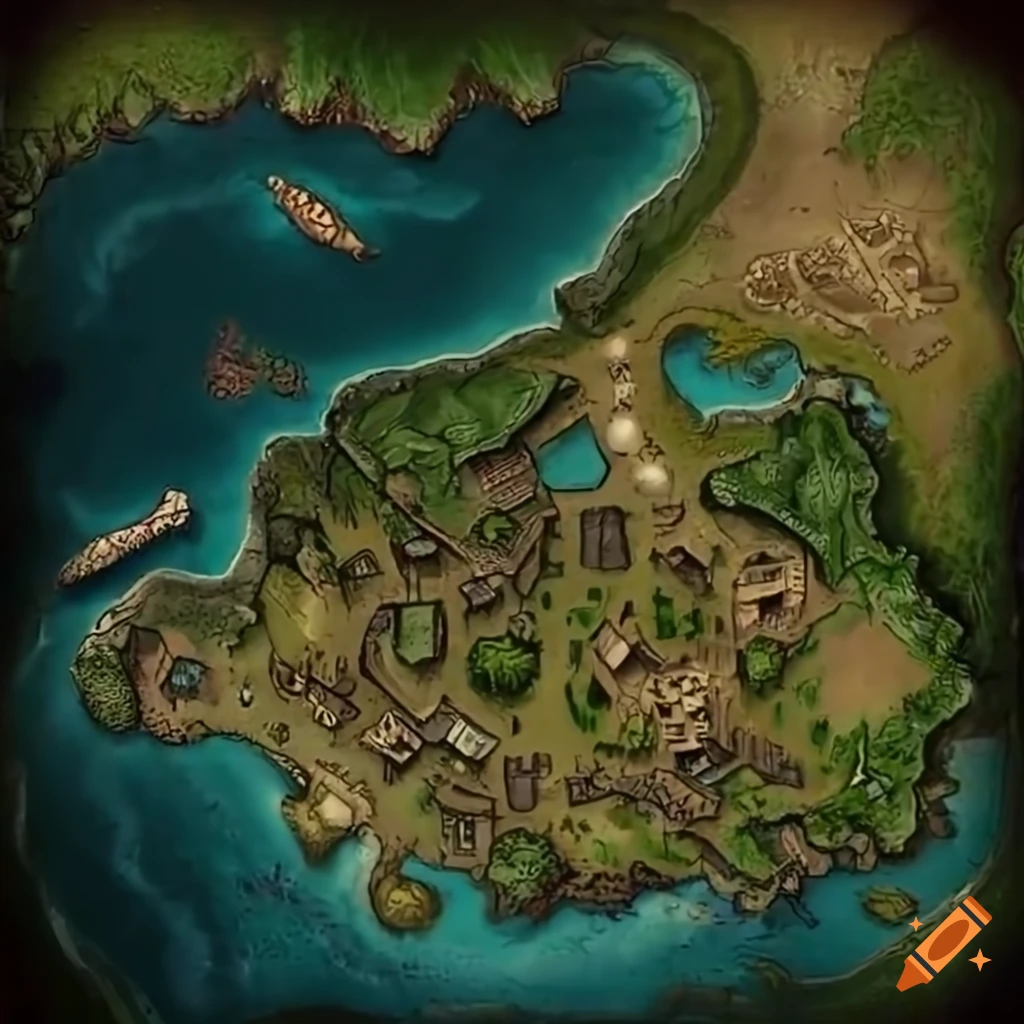 Highly detailed fantasy map of a village by the ocean, surrounded by ...