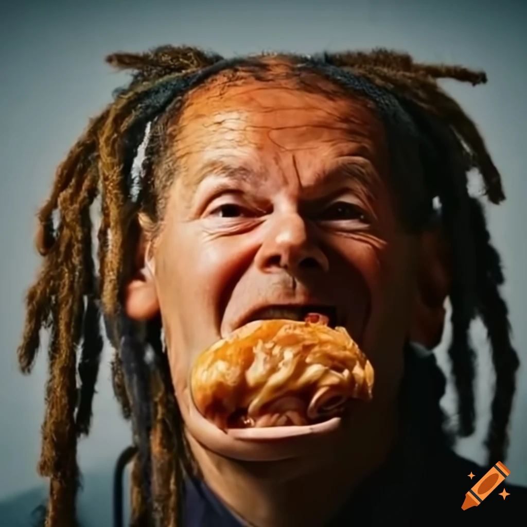 Chancellor olaf scholz with dreadlocks biting into a fish bun on Craiyon
