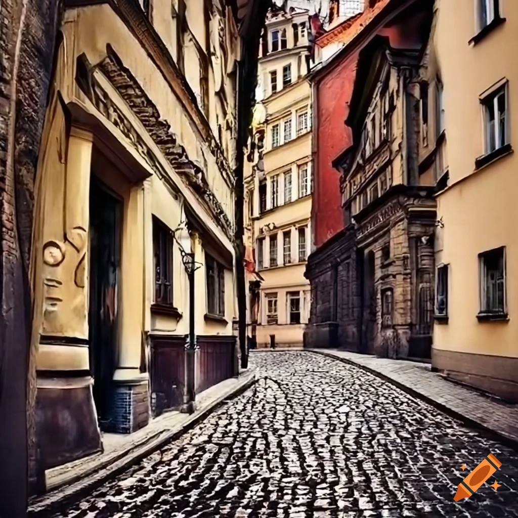 Old cobblestone street in the heart of Prague during the golden age of ...