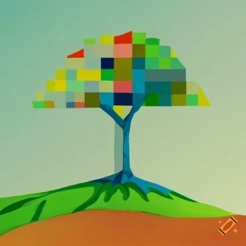 Cubist drawing of tree on a hill on Craiyon