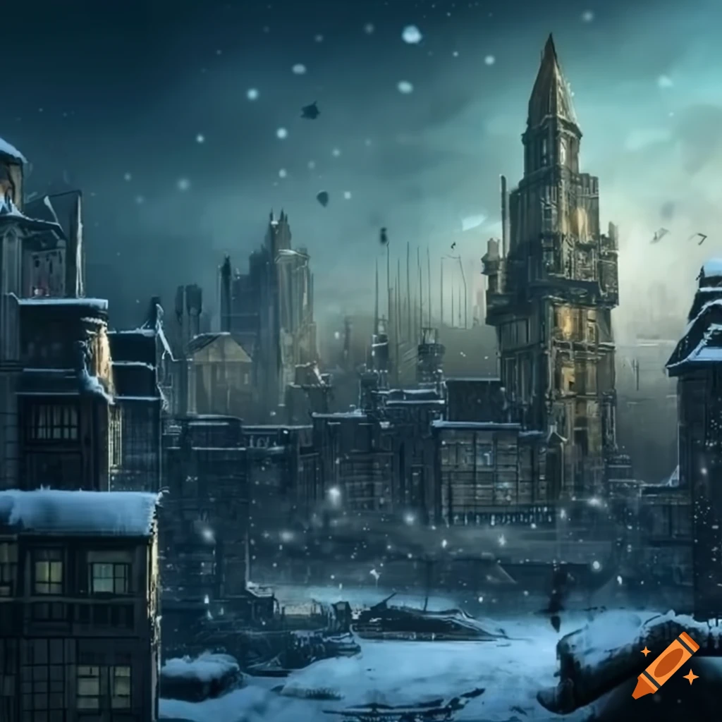 Steampunk port city on snow on Craiyon