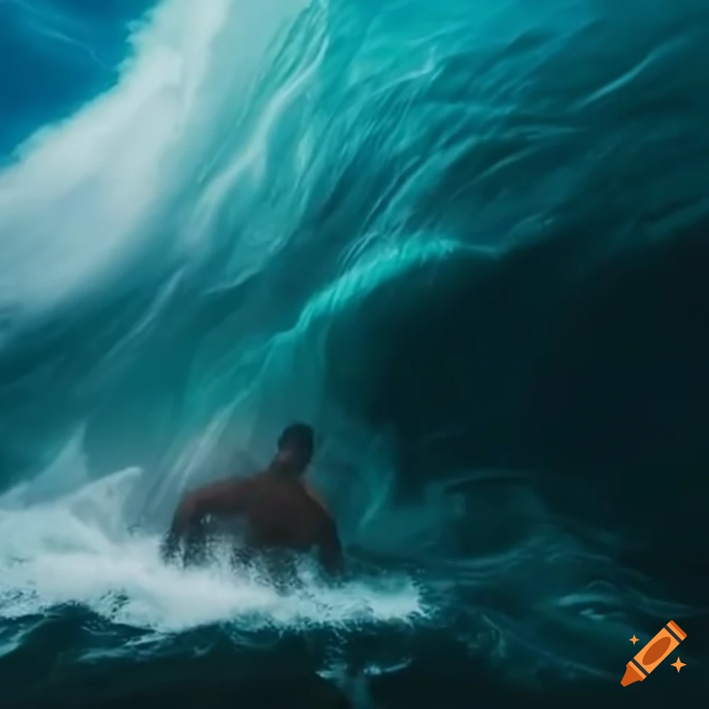 Powerful wave engulfing a man at the beach on Craiyon