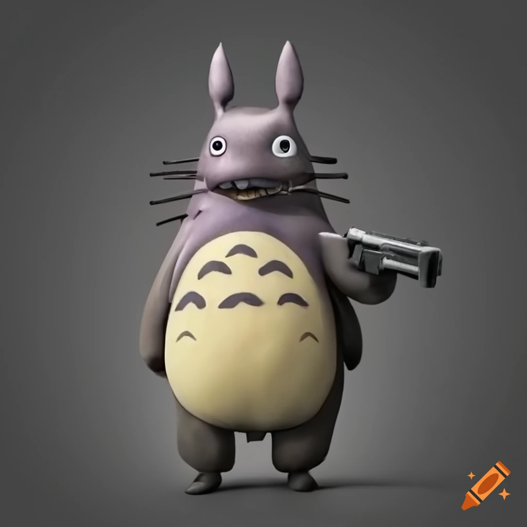 Realistic 3d totoro pointing a gun on Craiyon