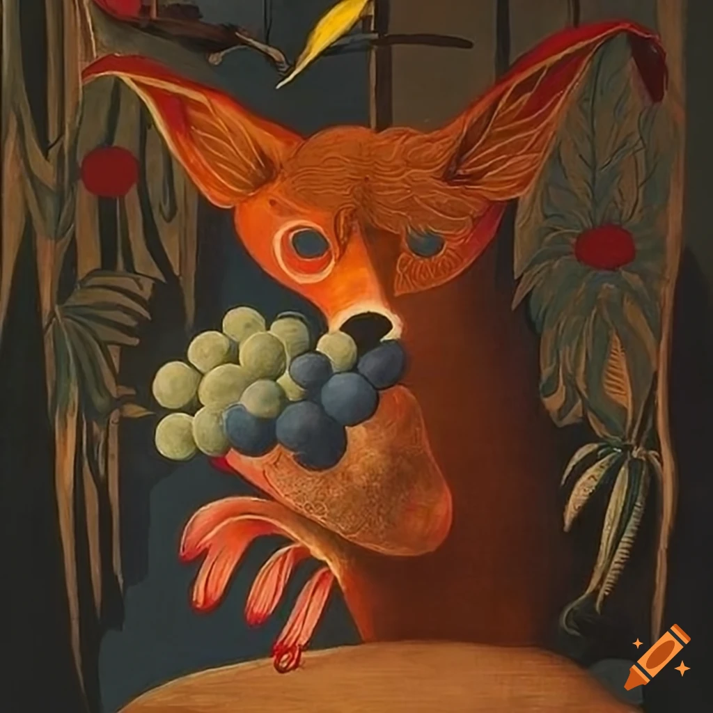 Fox and raven sharing grapes in william morris style woodblock print on ...