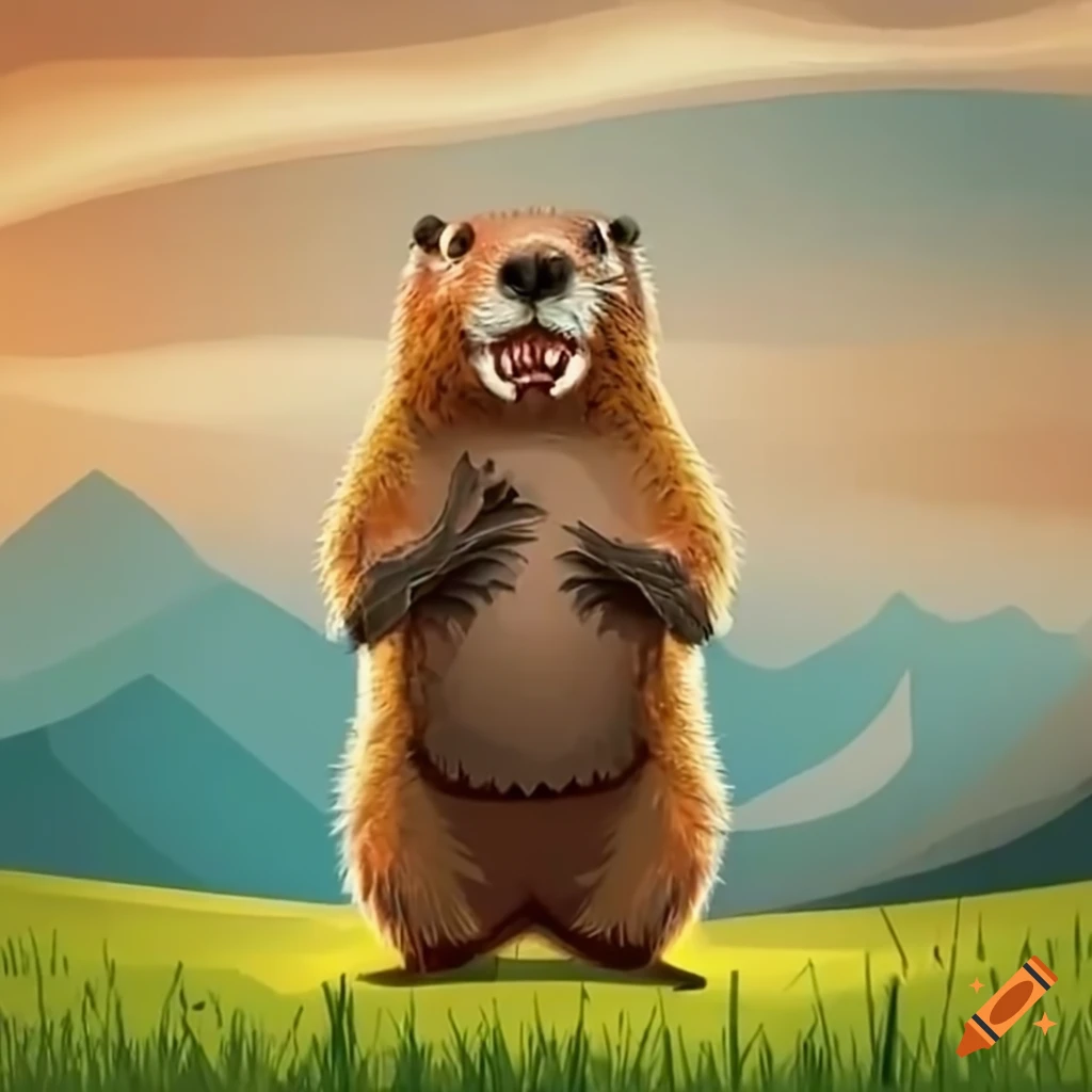 Groundhog with shark teeth in mountain-view meadow on Craiyon