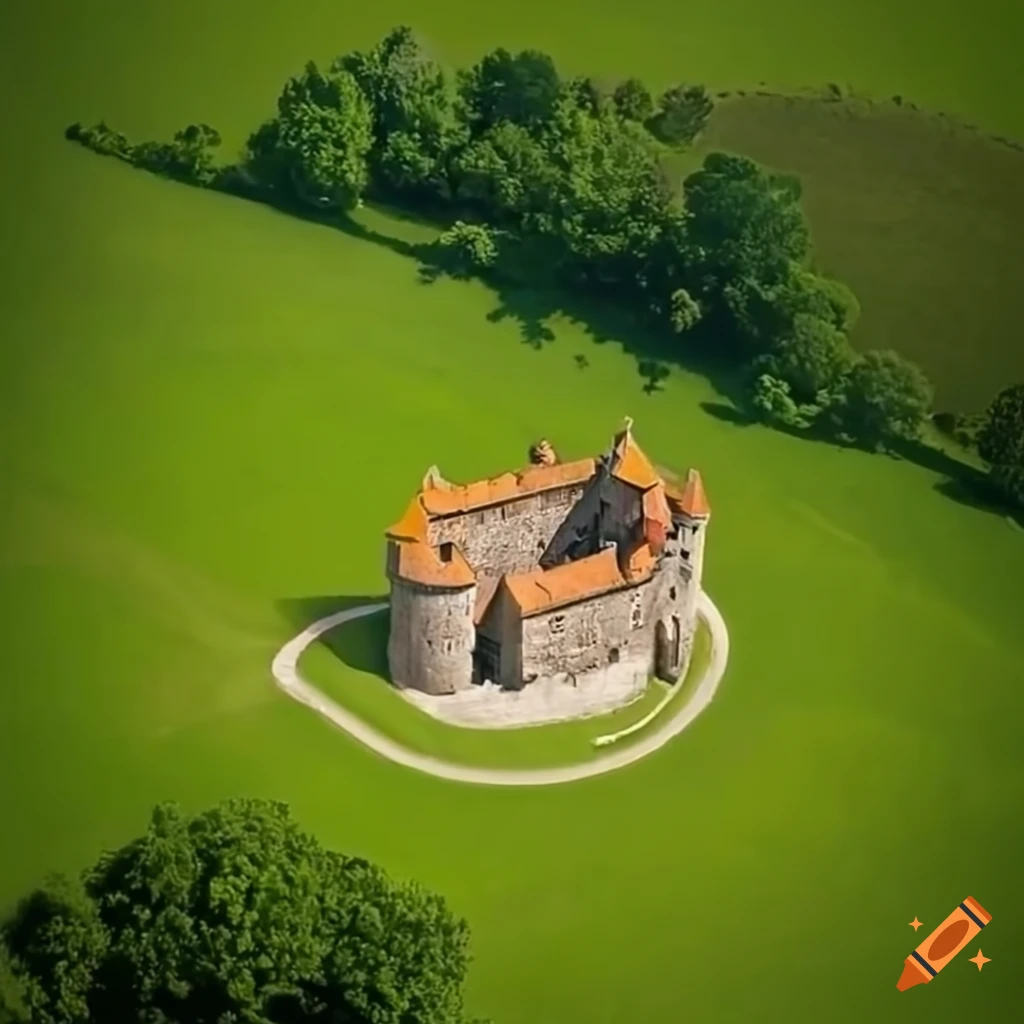 Aerial view of a castle in the middle of a meadow on Craiyon