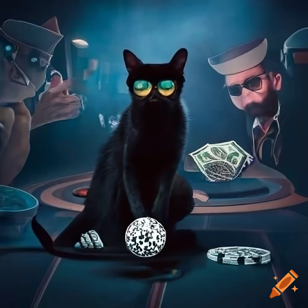Black cat in sunglasses betting on blackjack in a casino with other ...