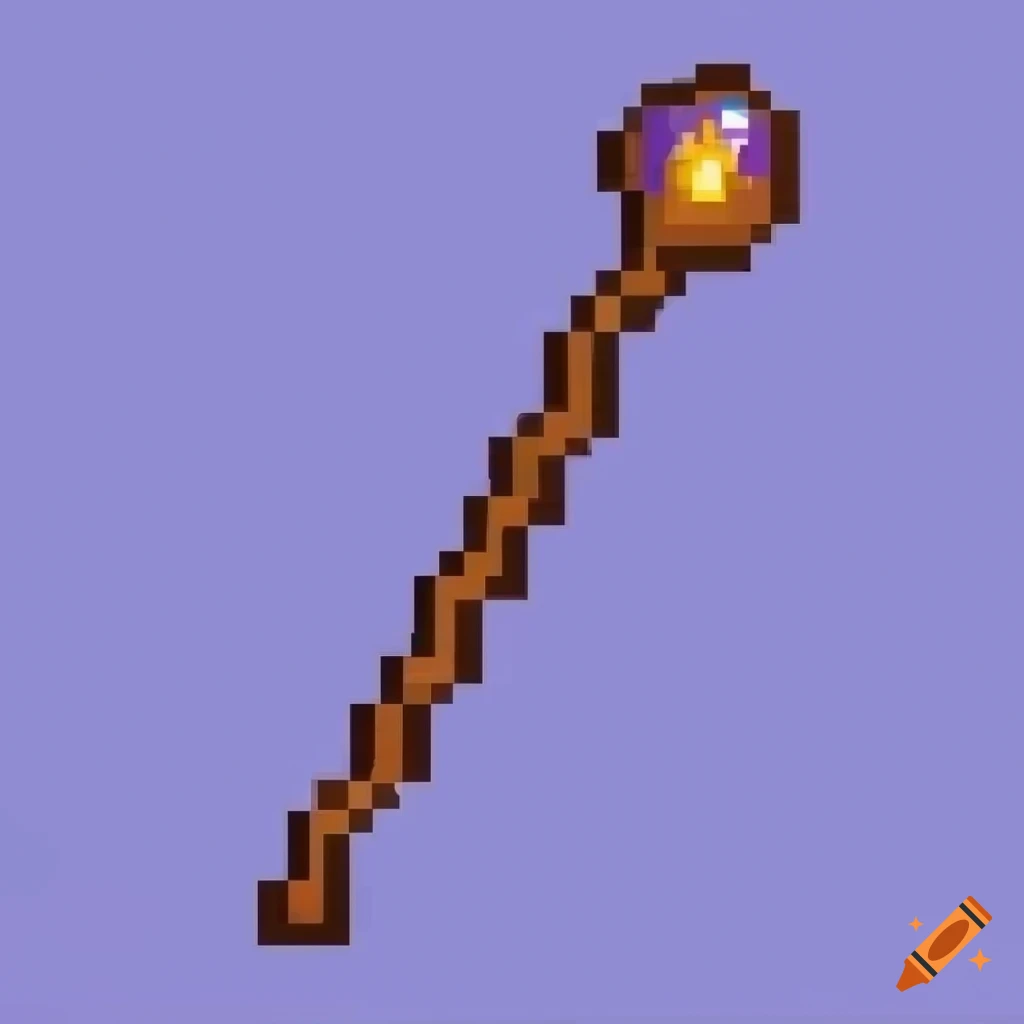 Wooden magic staff with purple crystal in 2d pixel art style on Craiyon