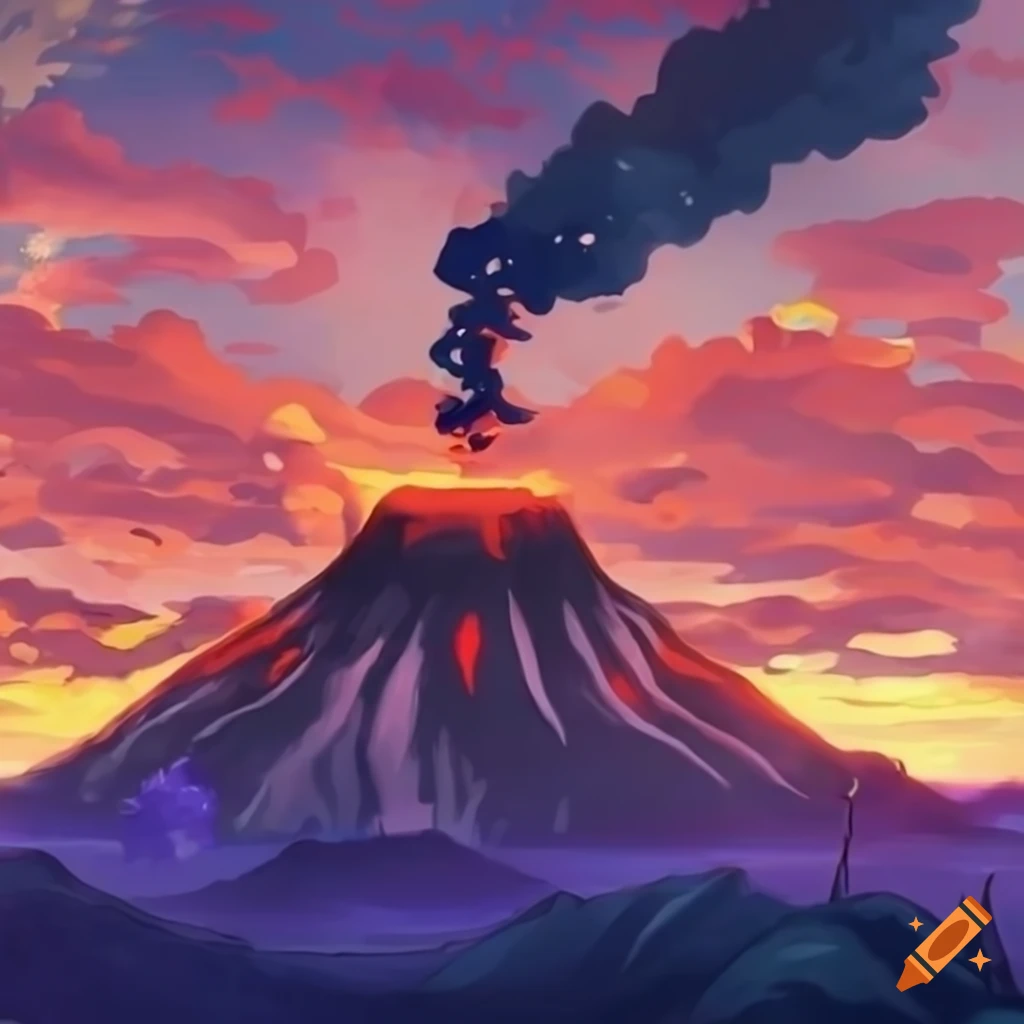 Volcano at sunset in anime art style on Craiyon