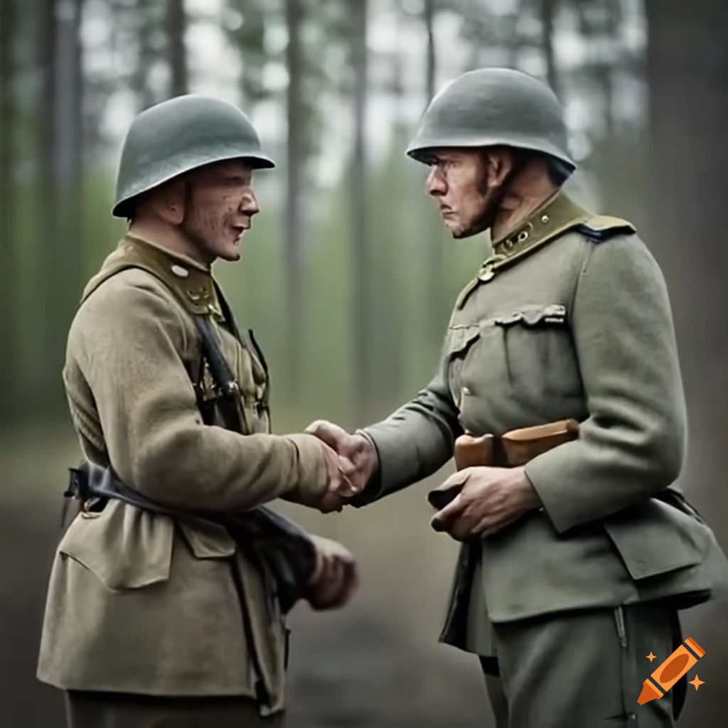 Finnish world war ii era soldiers shaking hands on Craiyon