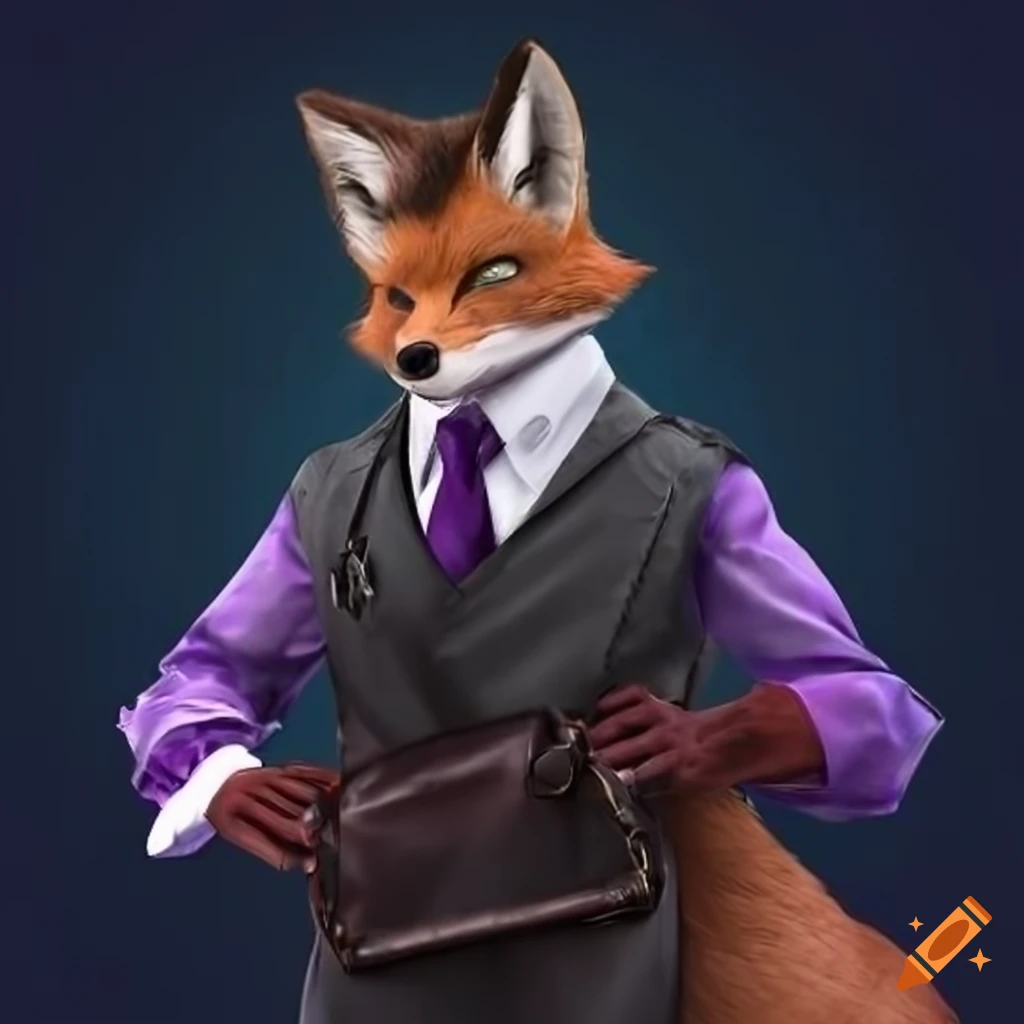 Fox humanoid in archivist outfit and messenger bag with purple sigil on ...