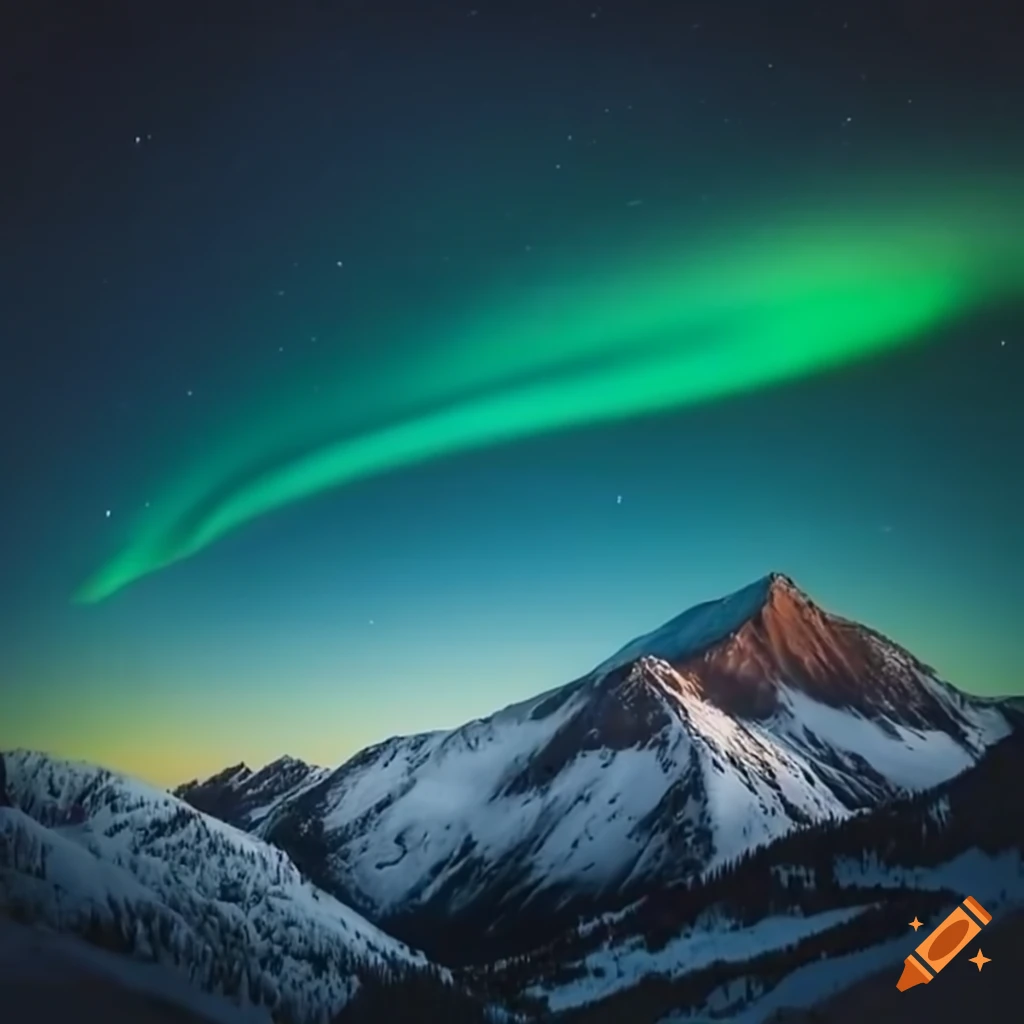 Snowy mountain under the northern lights in a starry night on Craiyon