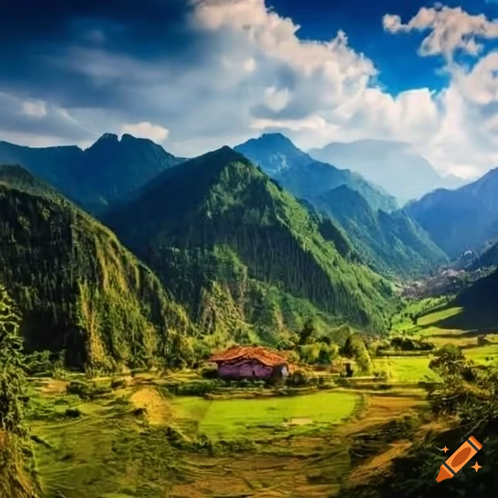 Traditional nepali house in hilly region with a playing ground and ...