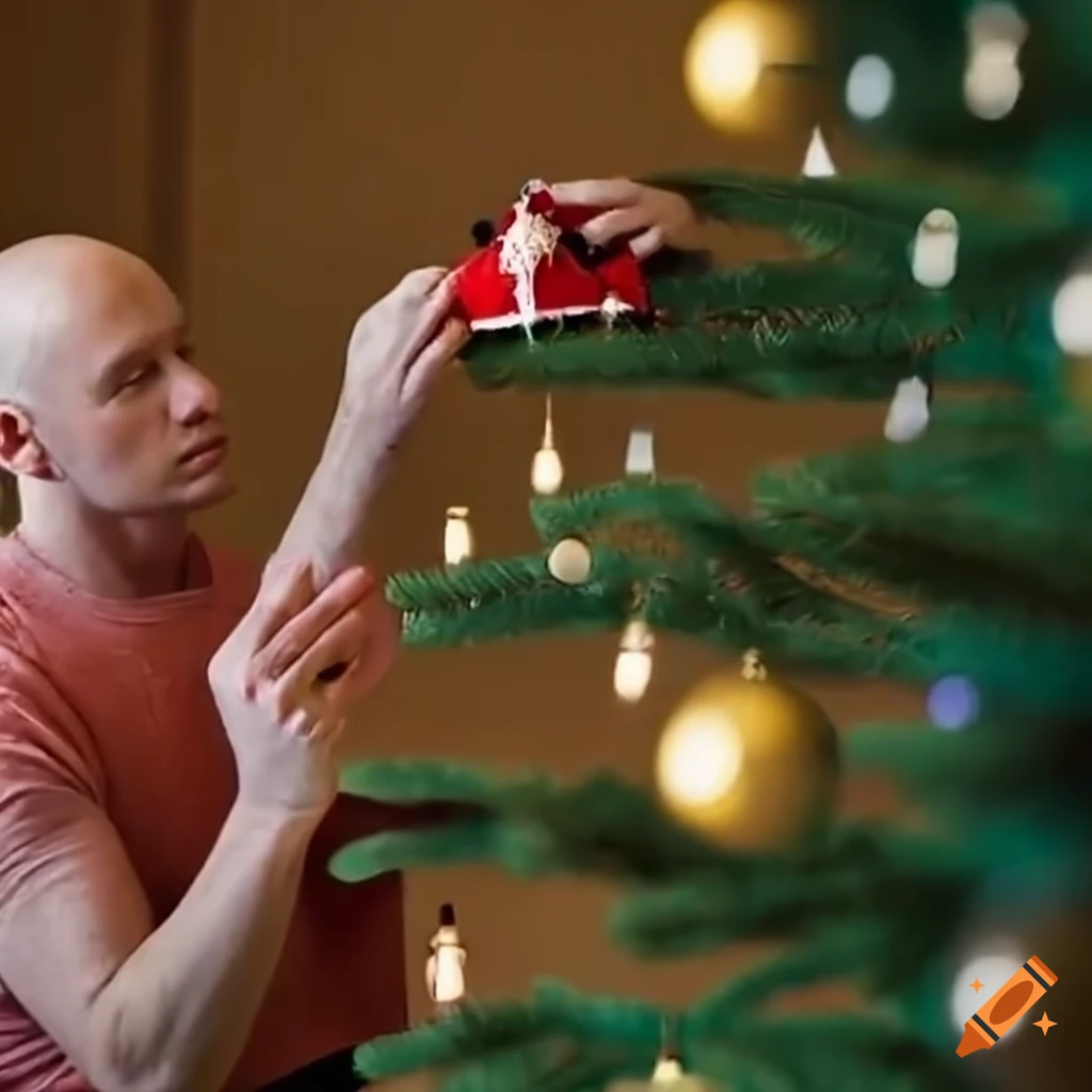 Bald man decorating a christmas tree on Craiyon