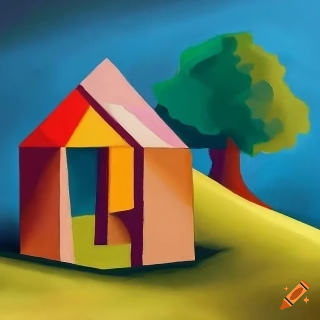 Cubist drawing of a tree and a hut on a hill on Craiyon