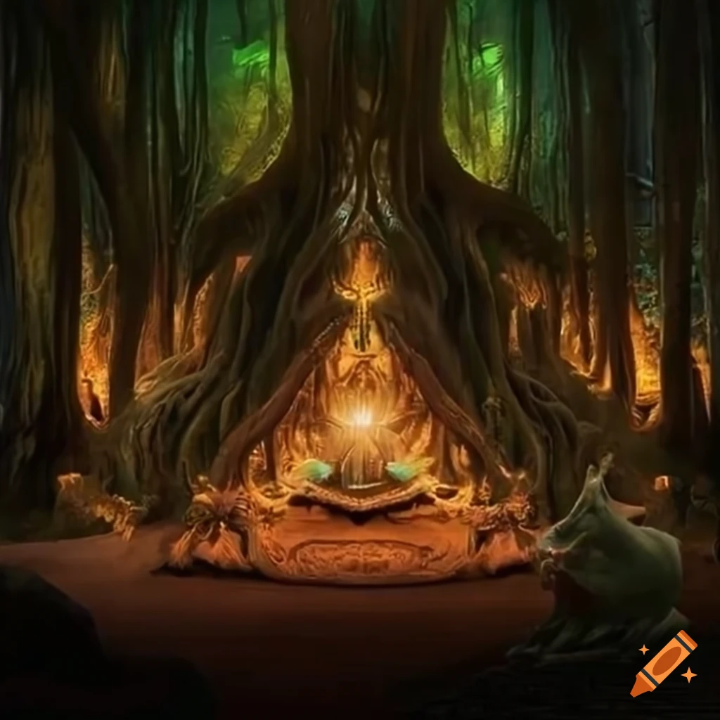 Elegant throne room built within a giant tree in a fantasy forest ...