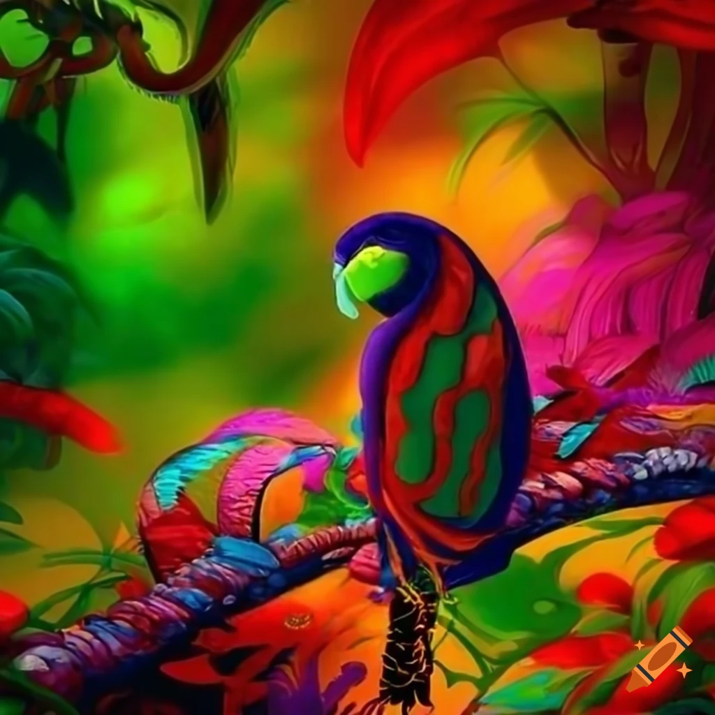 Colorful jungle scenery on Craiyon