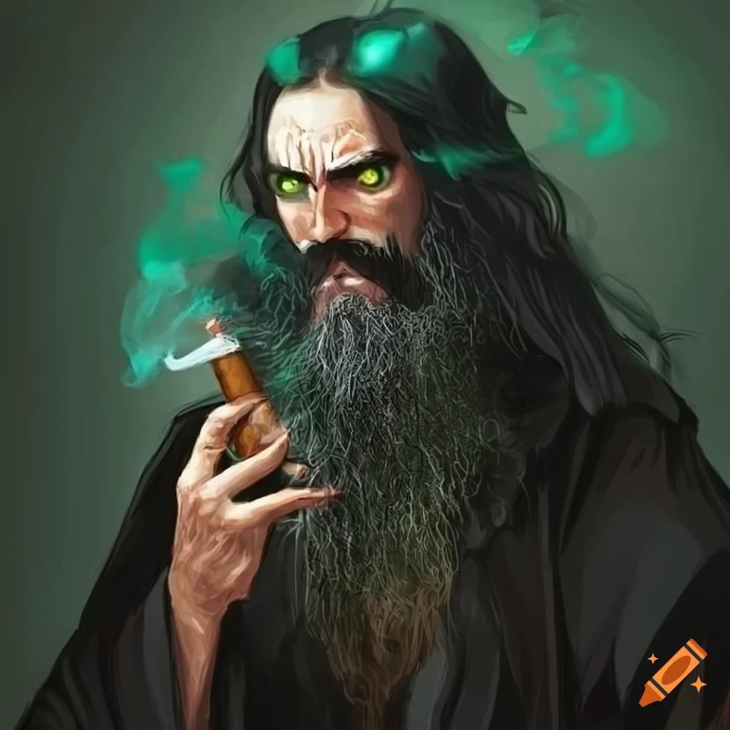 Wizard with green eyes, long black beard, and hair in a black robe ...