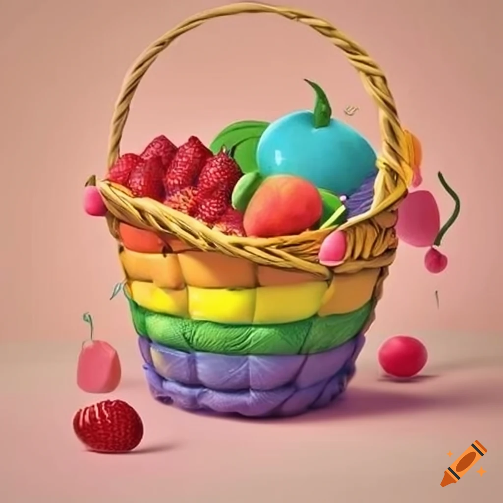 Rainbow-colored fruit basket in children's book style on Craiyon