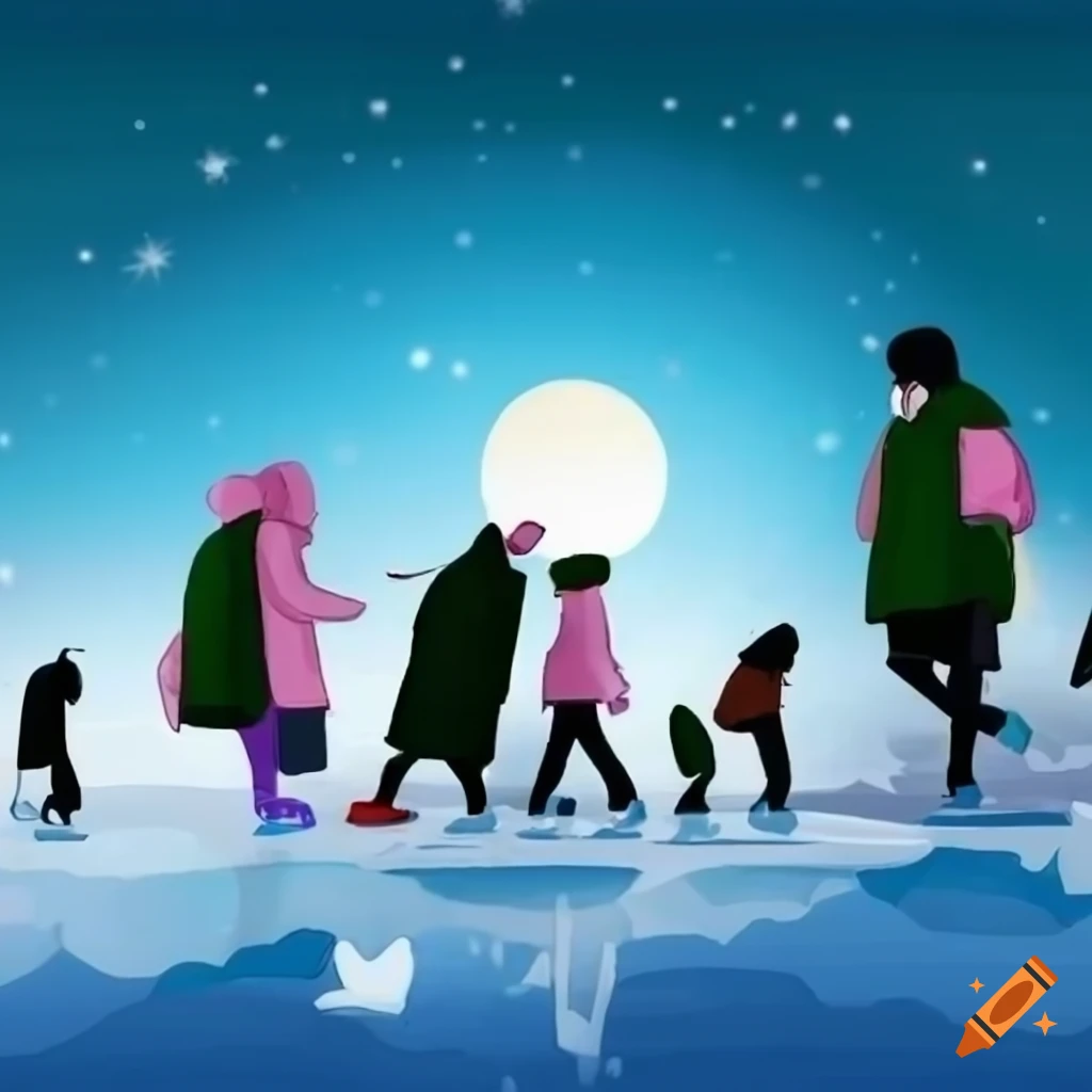 Cartoon people walking on ice on Craiyon