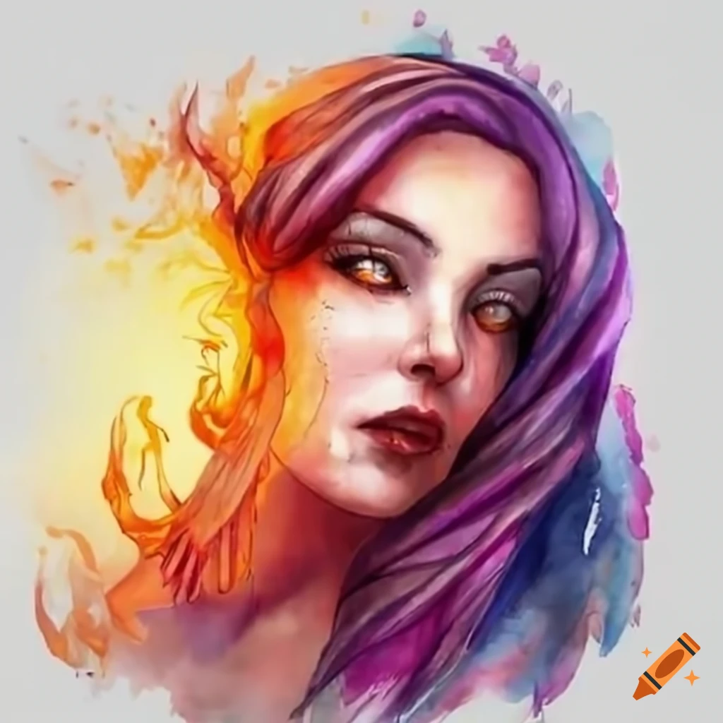 Beautiful sorceress with phoenix wings casting fire spell in battle on ...