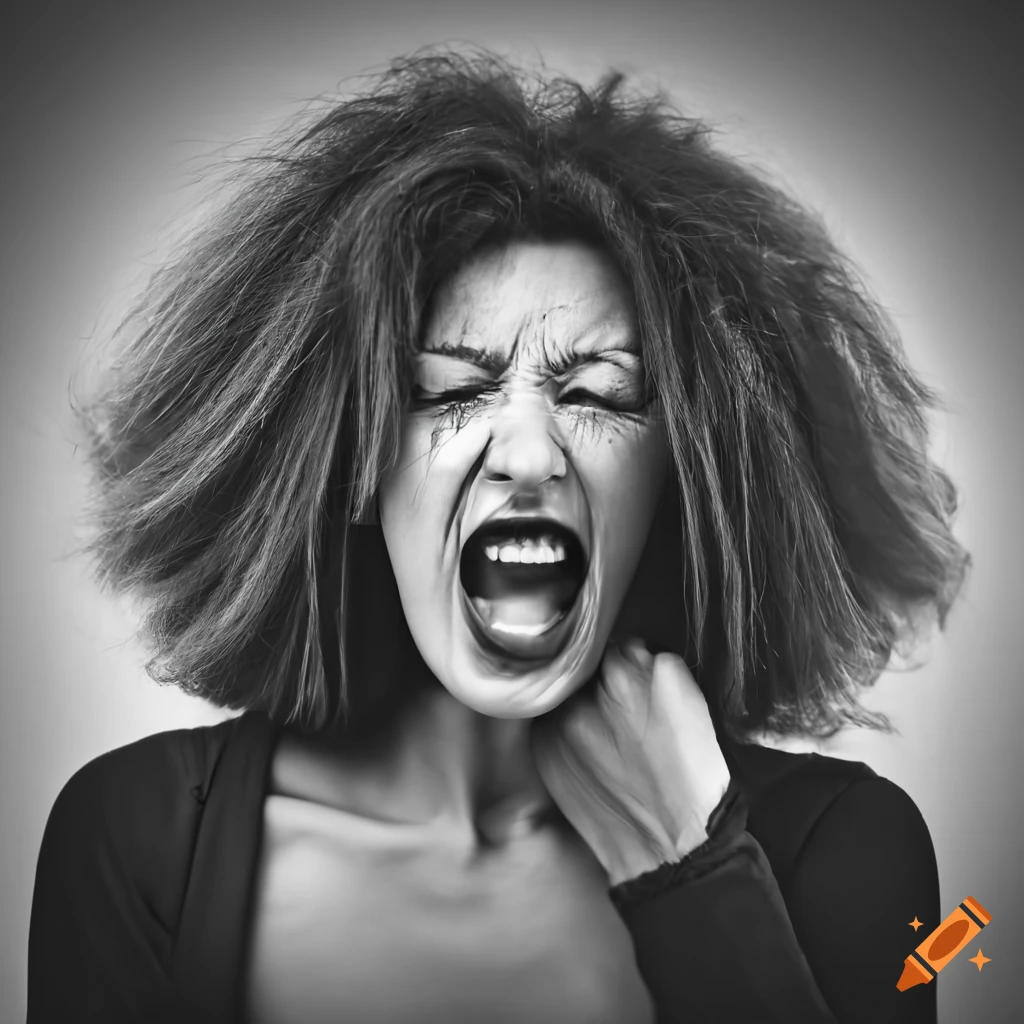 Black and white image of a woman shouting on Craiyon