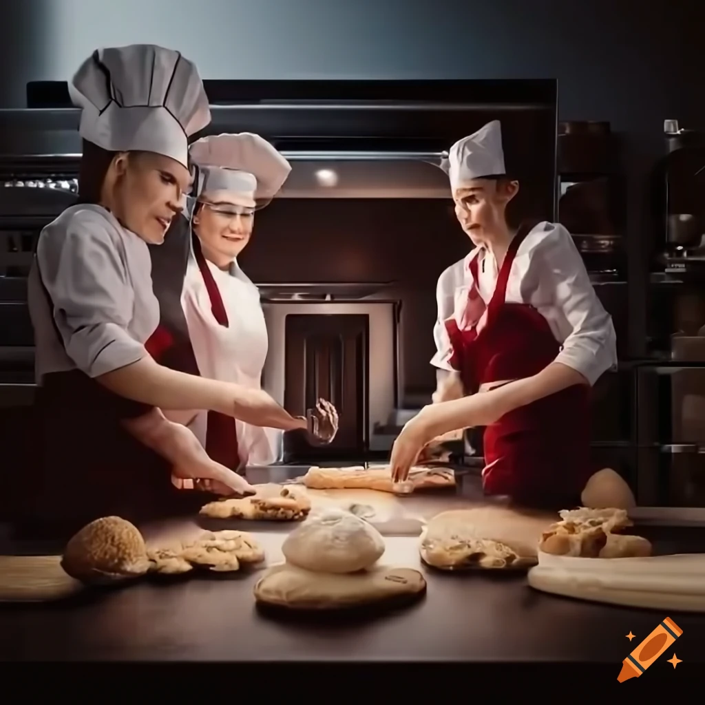 Chefs baking cookie dough in a modern kitchen on Craiyon