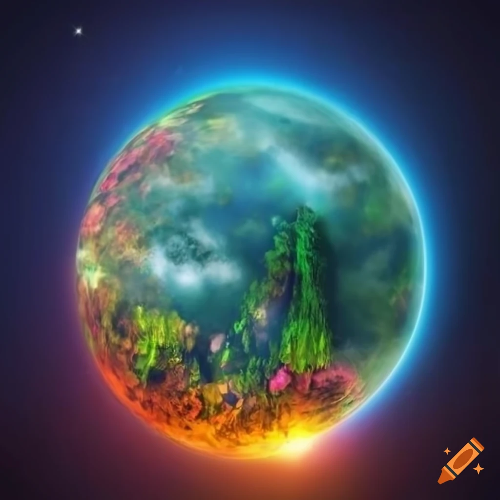 Planetary view of a vibrant planet with forests, rivers, and colorful ...